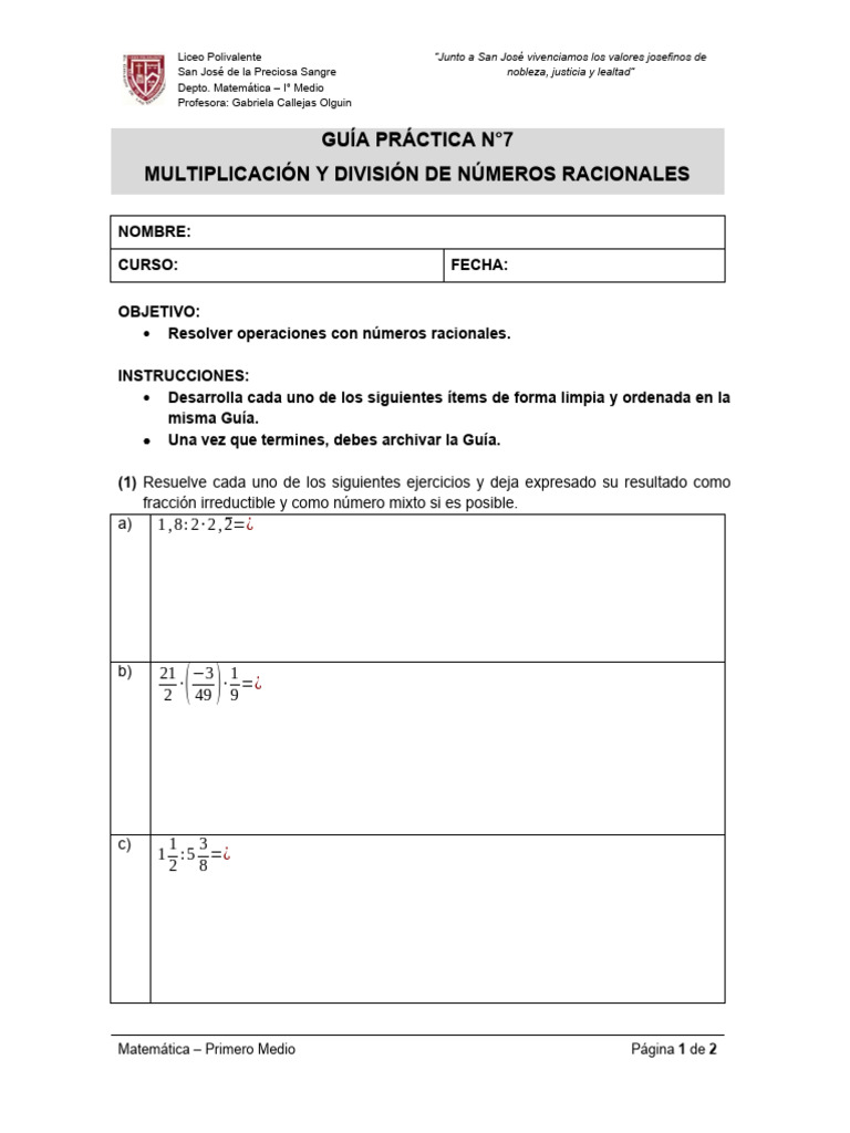 Guía N°7 Multiplicación y División de Numeros Racionales 1ero Medio ...