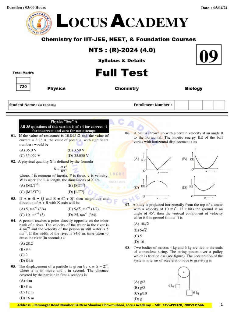 NTS 29 Full Test No - 09 (T-24) | PDF | Electric Current | Electronvolt