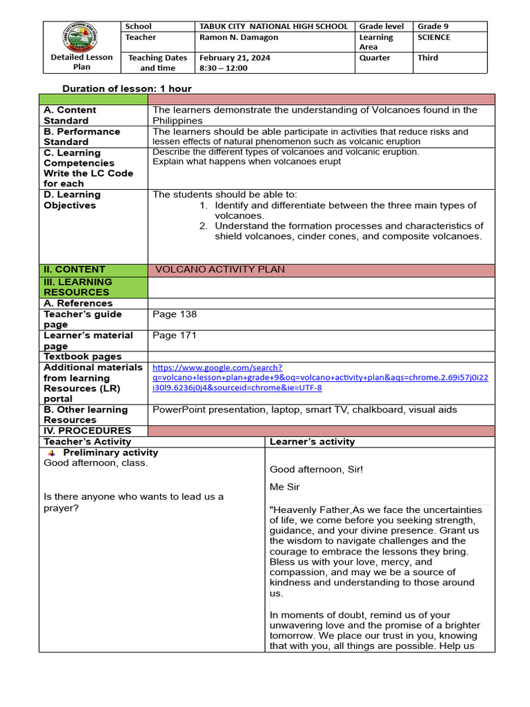 Volcano Lesson Plan for Grade 9 | PDF | Volcano | Types Of Volcanic ...