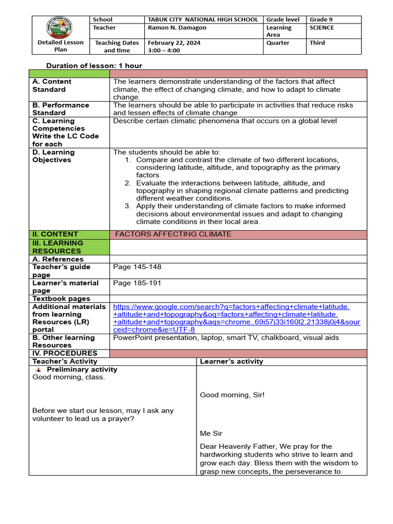 LP 5 Factors Affecting Climate | PDF | Atmosphere Of Earth | Precipitation