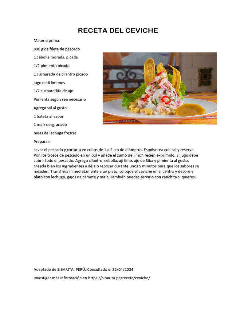 Receta Del Ceviche | PDF | Cocina, comidas y vino