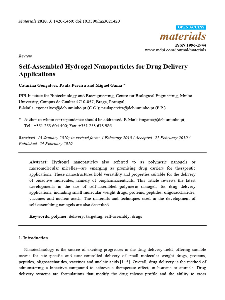 Self-Assembled Hydrogel Nanoparticles For Drug Delivery Applications ...