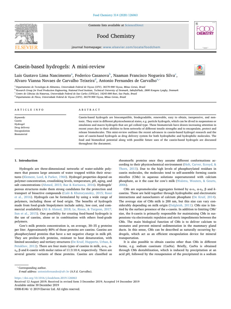 Casein-Based Hydrogels A Mini-Review | PDF | Emulsion | Gel