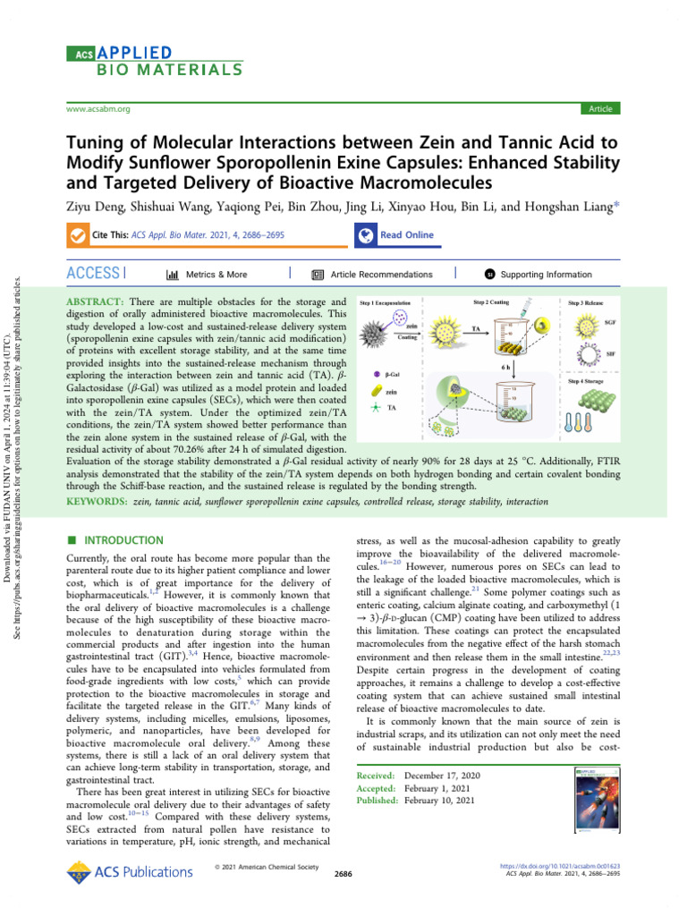 Deng Et Al 2021 Tuning of Molecular Interactions Between Zein and Tannic Acid To Modify ...