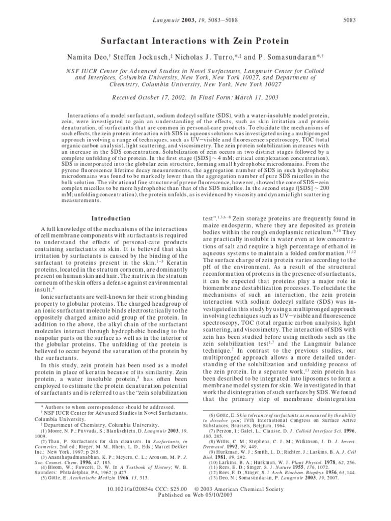 Surfactant Interactions With Zein Protein | PDF | Surfactant | Sodium Dodecyl Sulfate