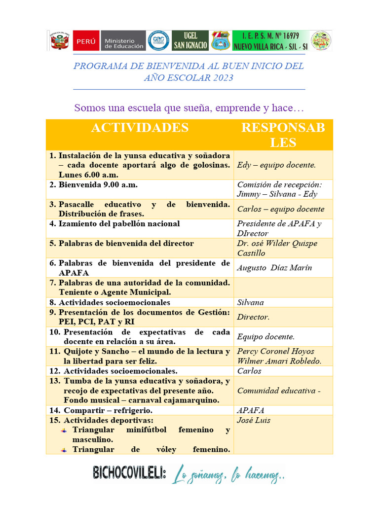 Programa de Bienvenida Al Buen Inicio Del Año Escolar 2023 | PDF | Viajes | Bienestar