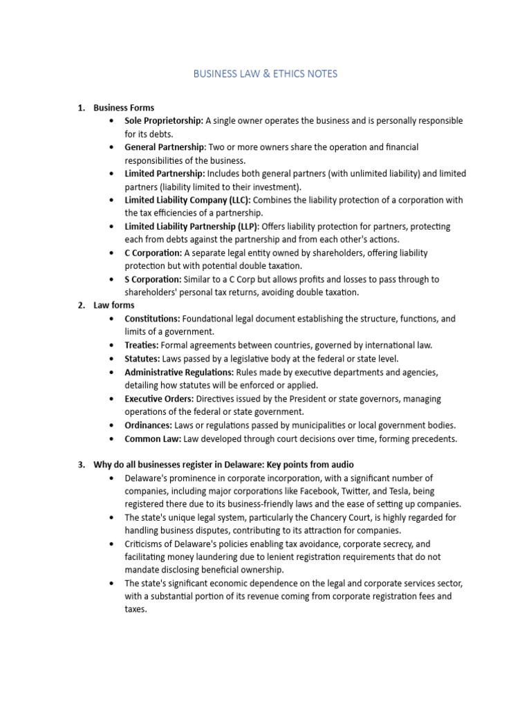 Business Law & Ethics Notes - Part 1 | PDF | First Amendment To The ...