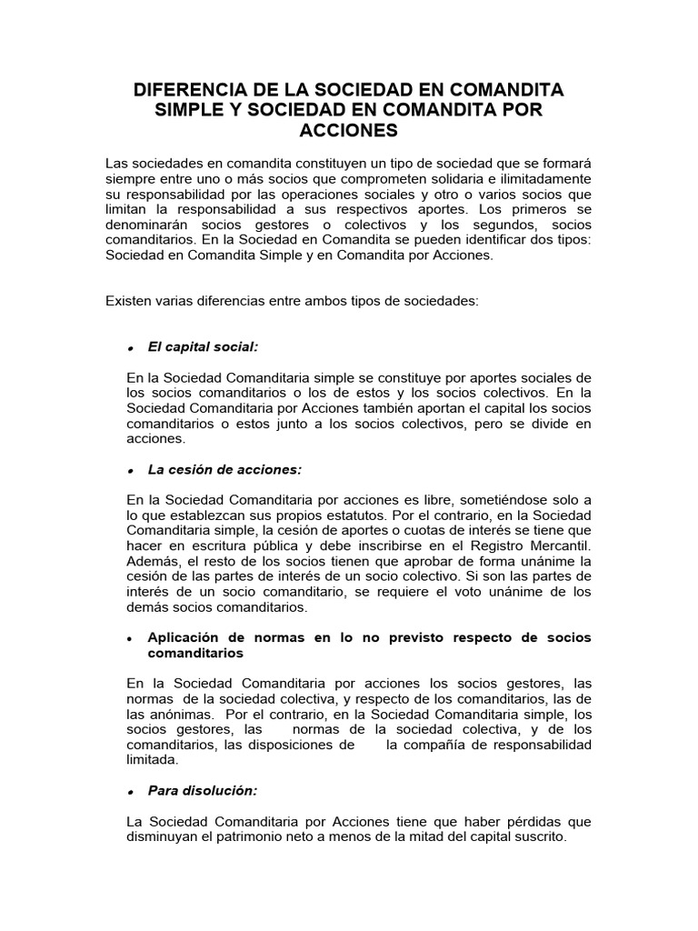 Diferencia de La Sociedad en Comandita Simple y Por Acciones | PDF