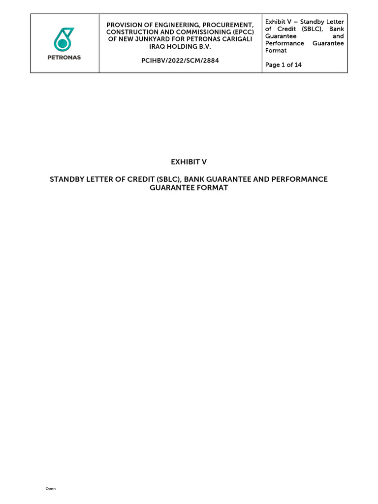 Exhibit V - SBLC BG PG | PDF | Guarantee | Letter Of Credit