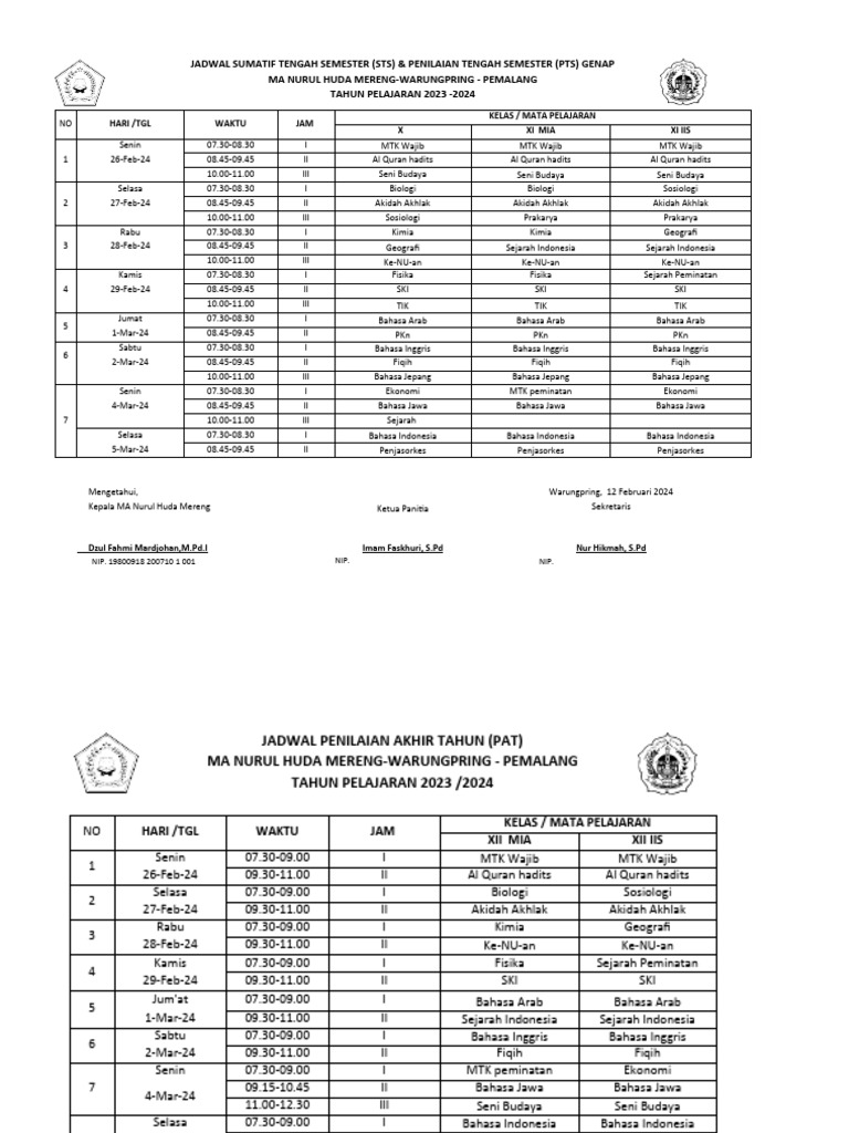 Jadwal Pts Genap & Pat 2023-2024 | PDF