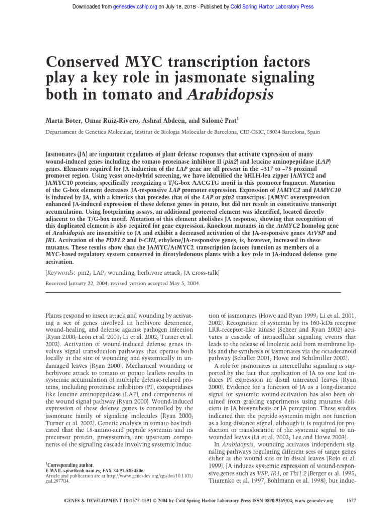 Conserved MYC Transcription Factors Play A Key Role in Jasmonate ...