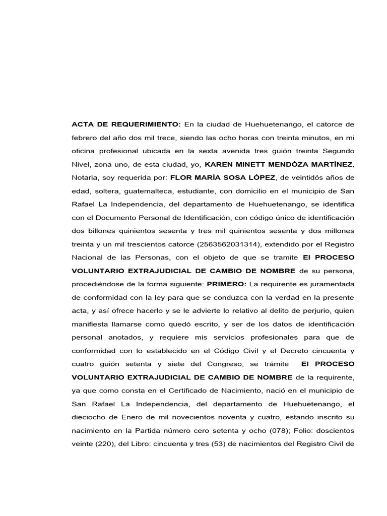 Modelo De Acta De Requerimiento Para Cambio De Nombre Pdf Gobierno