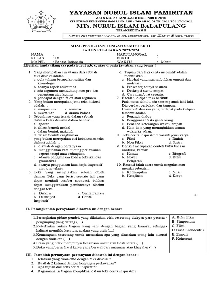SOAL PTS B. INDONESIA Kelas 9 Genap | PDF | Filsafat | Fiksi Umum