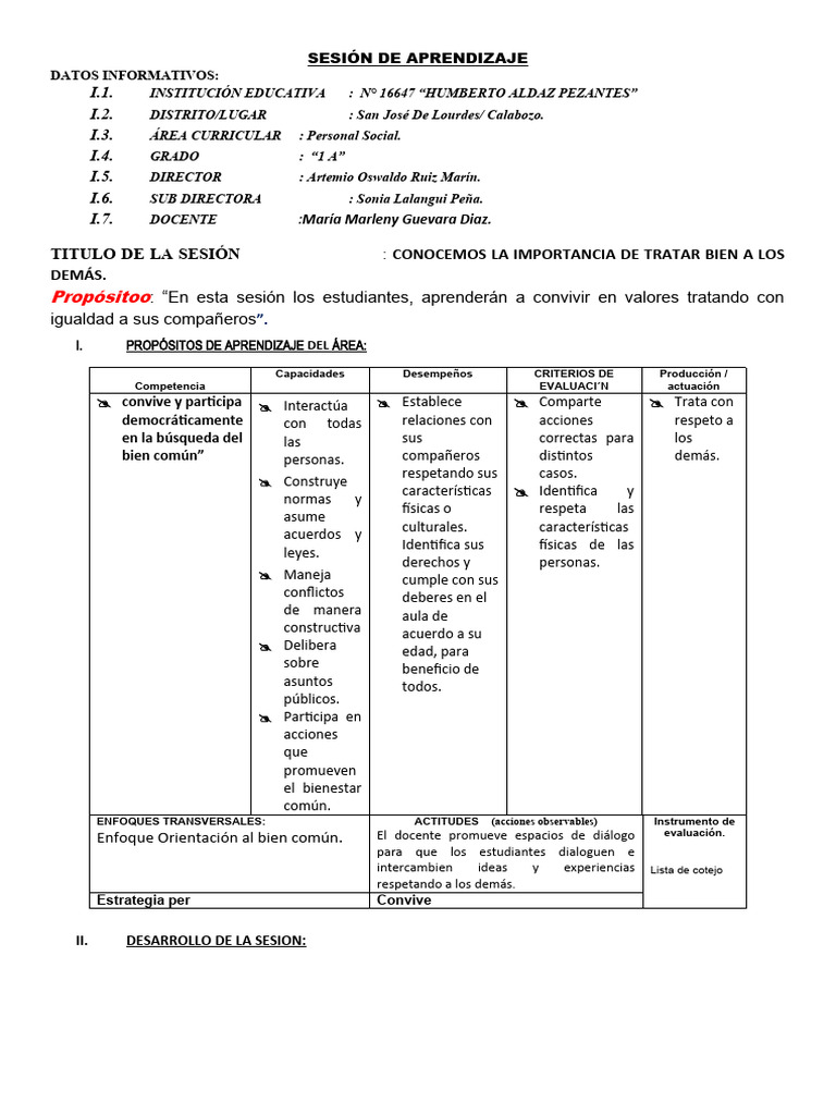 SESIÓN DE APRENDIZAJE DEL BUEN TRATO. | PDF | Evaluación | Cognición