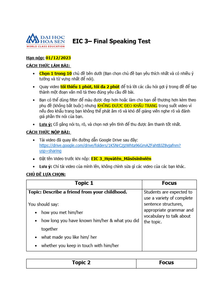 EIC 3 - Final Speaking Test | PDF | Vocabulary | Writing