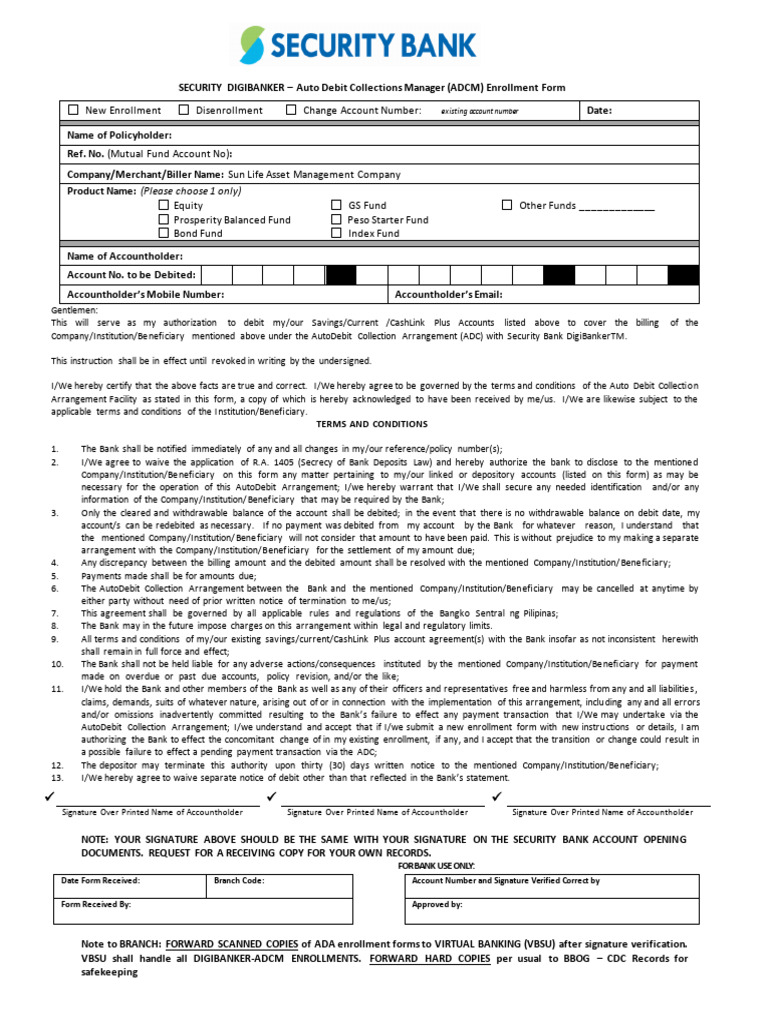 Security Bank ADA Enrollment Form | PDF | Banks | Debit Card