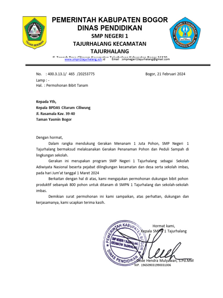 Surat Permohonan Bibit Tanaman 2024 | PDF