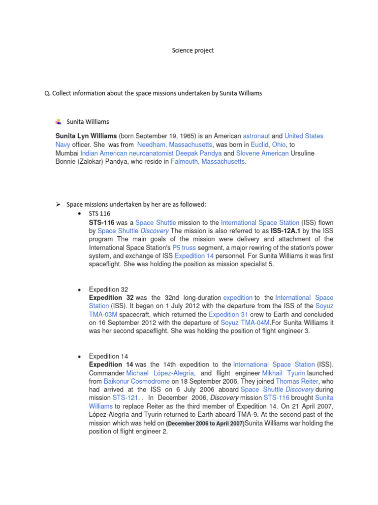 Sunita Williams' Space Missions Overview | PDF | International Space ...