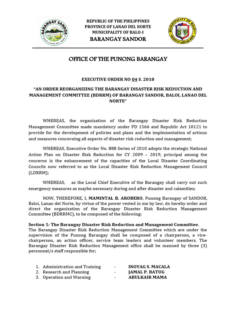 4 Sandor BDRRM Executive Order 4 | PDF | Disaster Risk Reduction | Risk