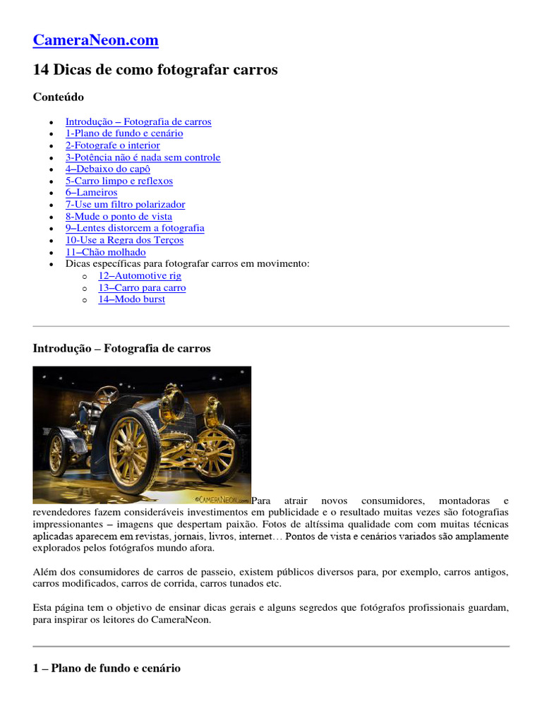 CameraNeon.com - 14 Dicas de como fotografar carros | PDF | Câmera | Cor