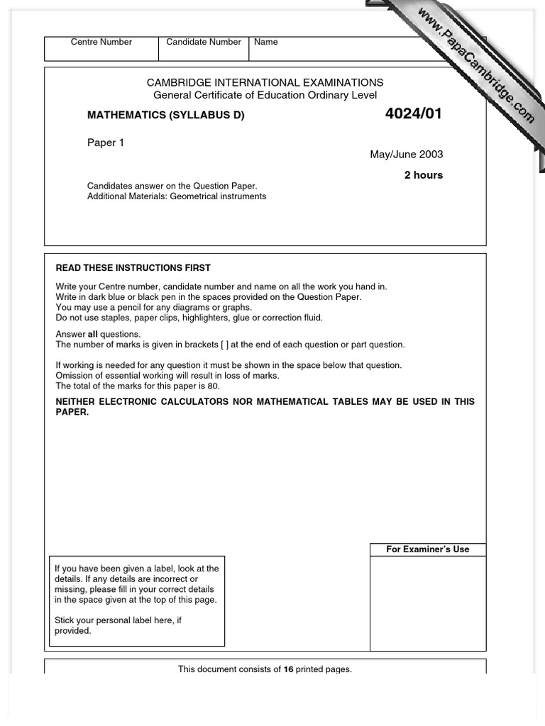 Cambridge O Level Mathematics Paper 1 | PDF | Euclidean Geometry ...