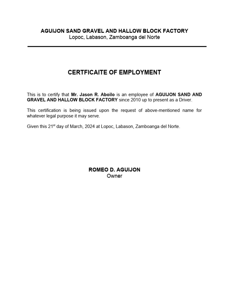 Aguijon Sand and Gravel and Hallow Block Factory Certificate of ...