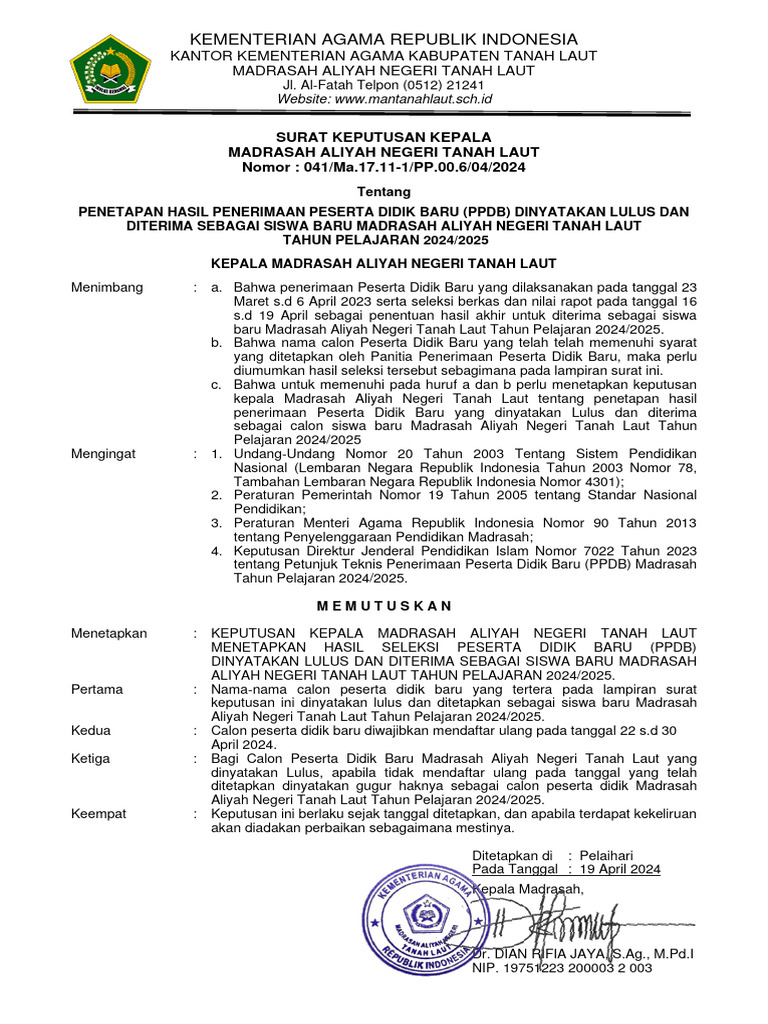 SK Penetapan Pengumuman Kelulusan PPDB Tp. 2024-2025 | PDF