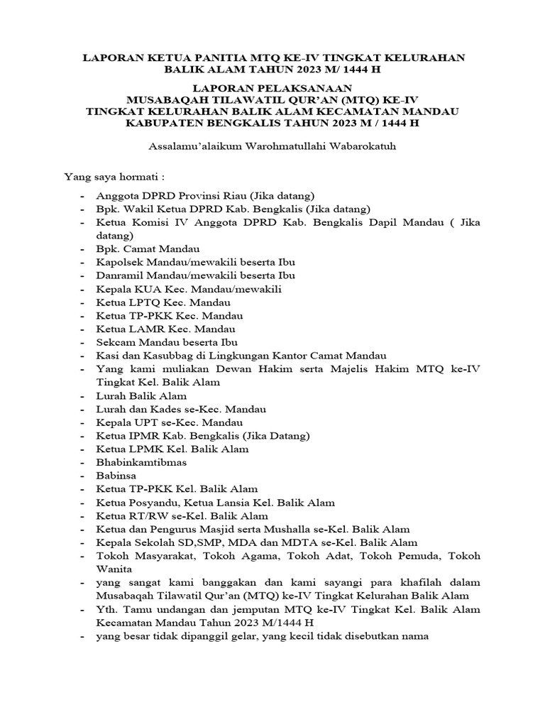 Laporan Ketua Panitia MTQ Iv Kel. Balik Alam | PDF