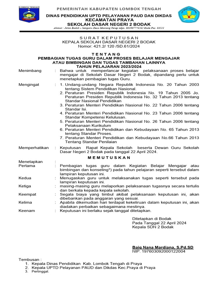 SK Pembagian Tugas - 2021-2022 SDN 2 BODAK | PDF