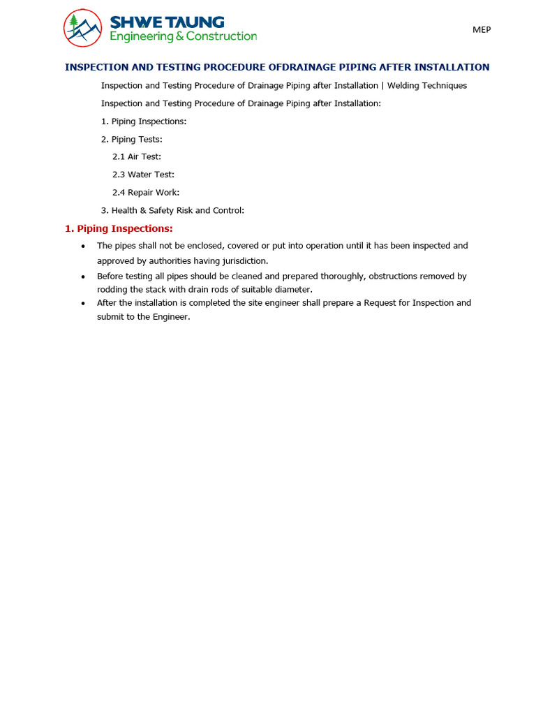 Drainnage Piping After Installation-STEC-Tender13L | PDF