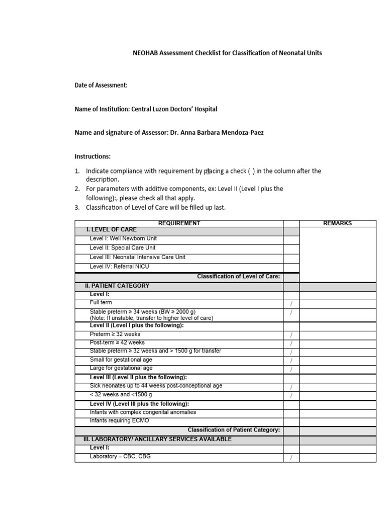 NEOHAB Assessment Checklist | PDF | Neonatal Intensive Care Unit ...