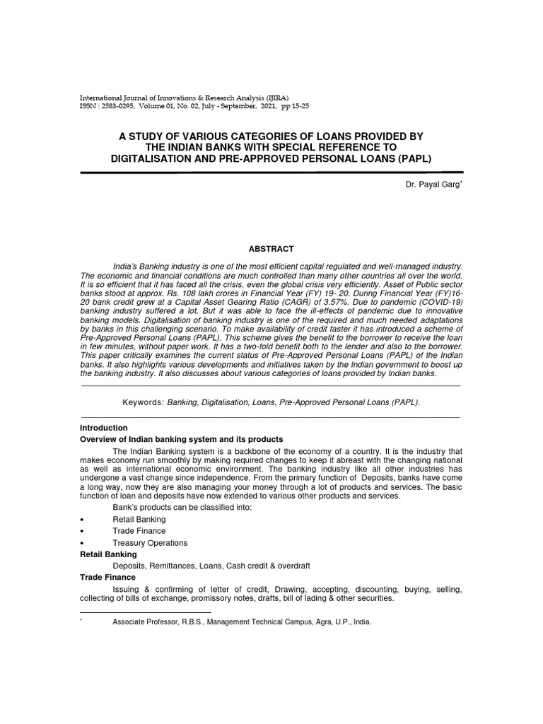 A Study of Various Categories of Loans Provided by The Indian Banks ...