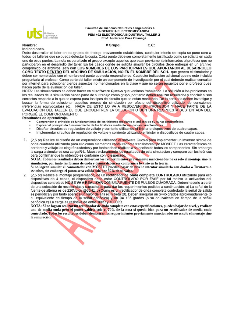 E111 2024 1 Taller 2 Elec Industrial Vfinal | PDF | Rectificador | Red eléctrica