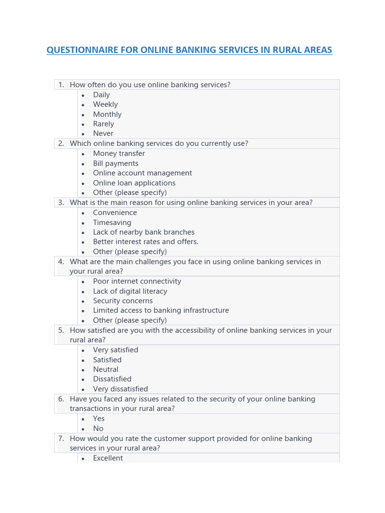 Questionnaire For Online Banking Services in Rural Areas | PDF | Online ...