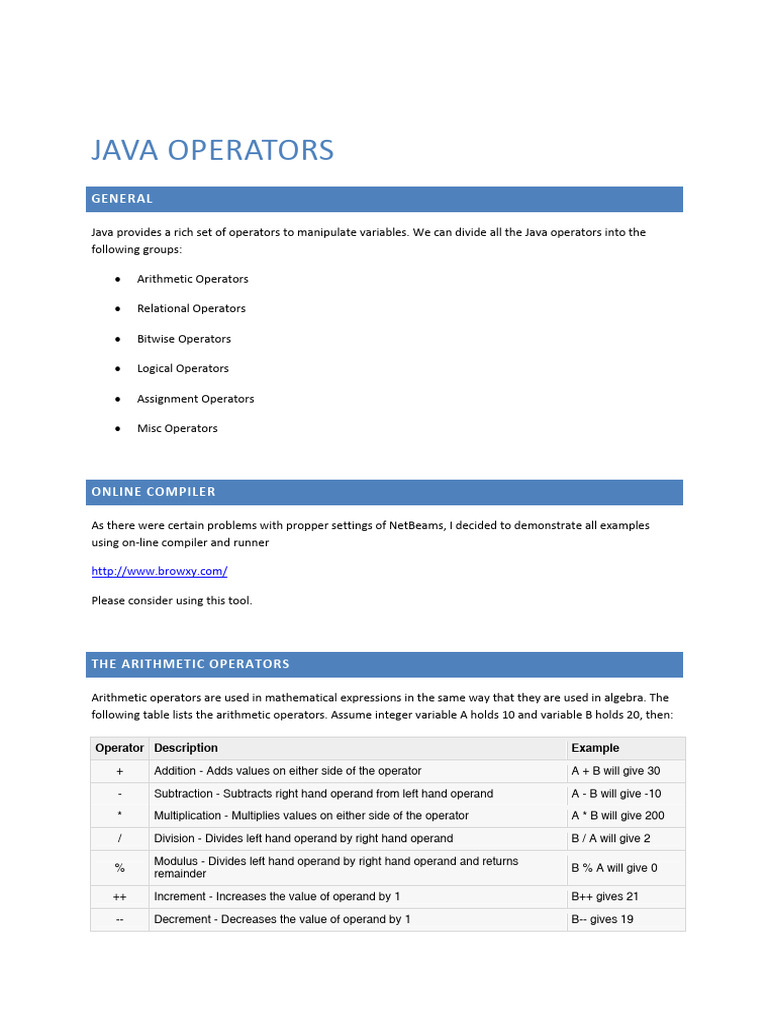 Operators in Java | PDF | Software Development | Arithmetic Operators in Java | PDF | Software Development | Arithmetic