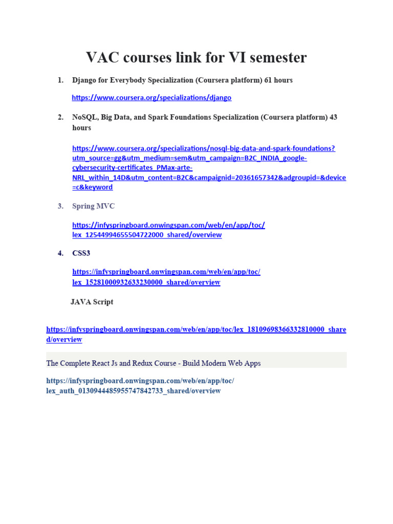 VI Semester VAC Course Links | PDF