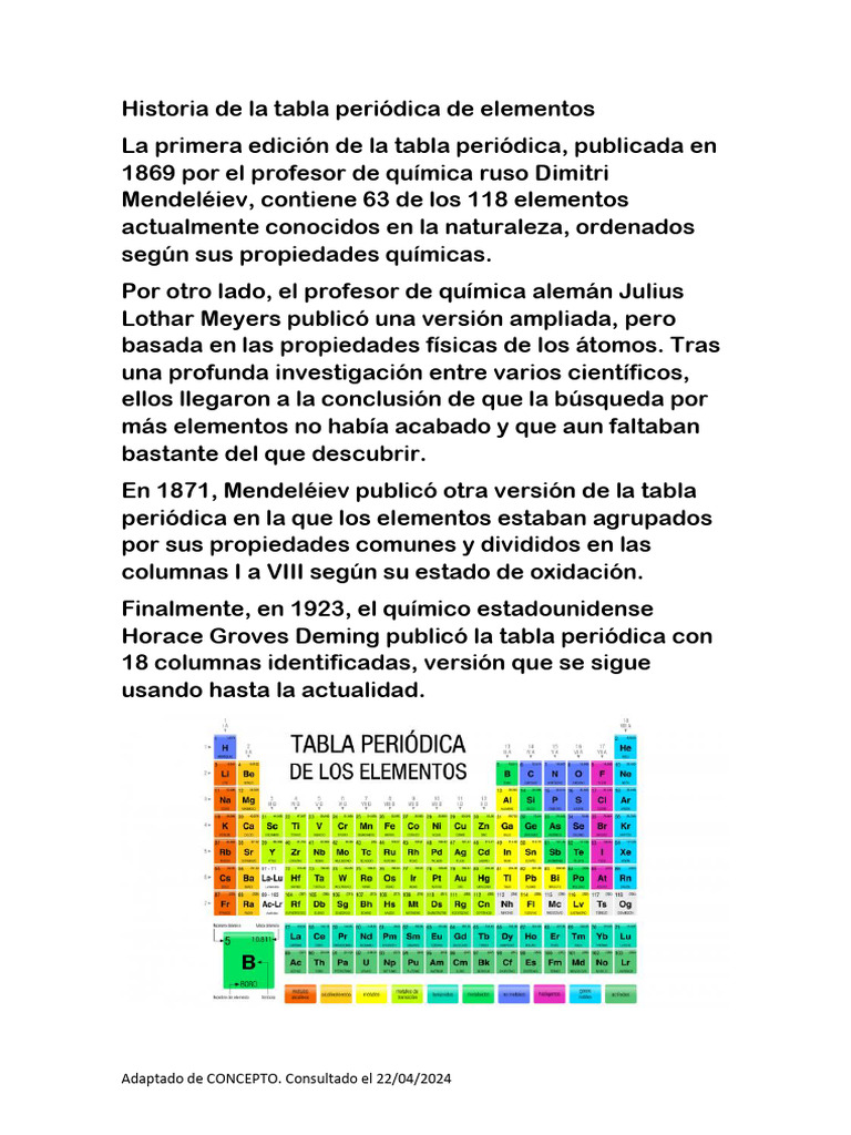 Historia de la tabla periódica de elementos | PDF