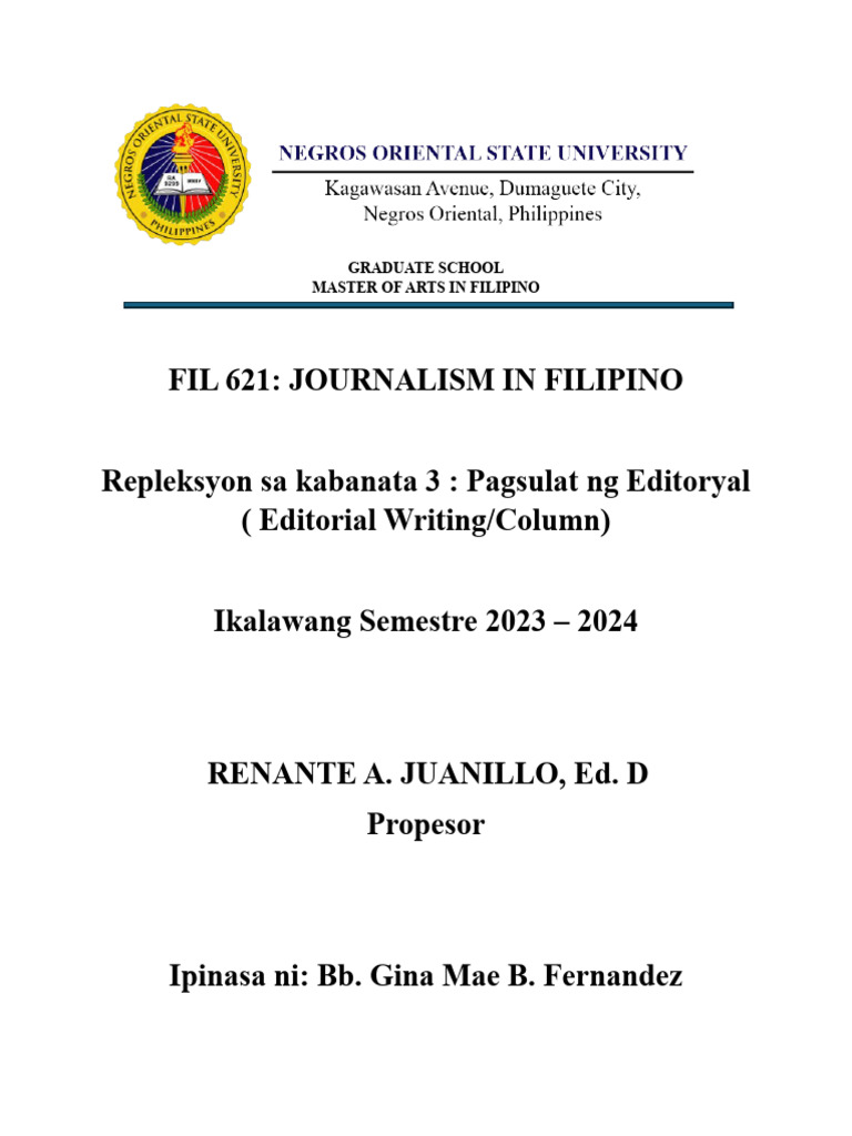 Fil 621 - Repleksyon Sa Kabanata 3 Pagsulat NG Editoryal Gina Mae | PDF