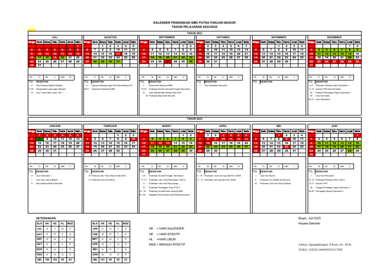 Kalender Pendidikan SMK Putra Pakuan 2023-2024 | PDF