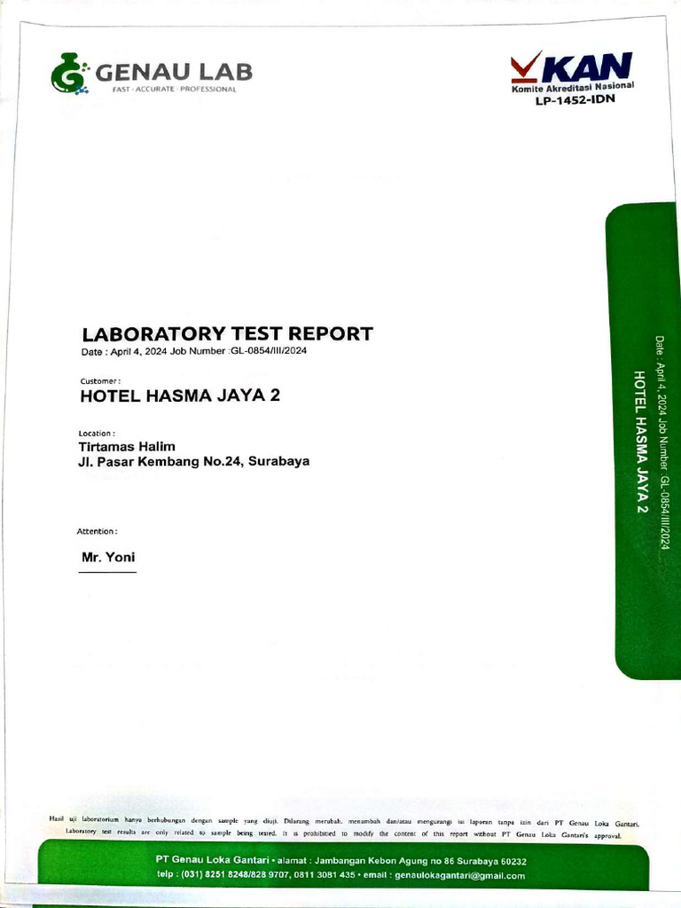 HASIL UJI LAB HOTEL HASMA JAYA 2. | PDF
