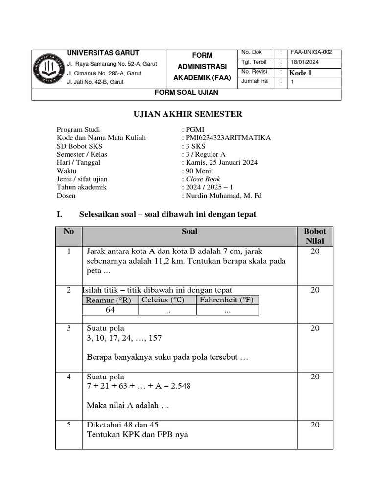Soal UAS - PGMI - A - ARITMA - Sem3 | PDF
