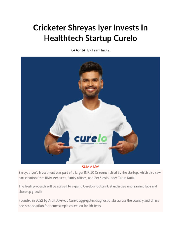 Shreyas Iyer Invests in Healthtech Startup Curelo | Download Free PDF ...
