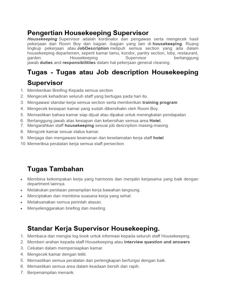 Housekeeping Supervisor Job Overview | PDF | Housekeeping | Supervisor