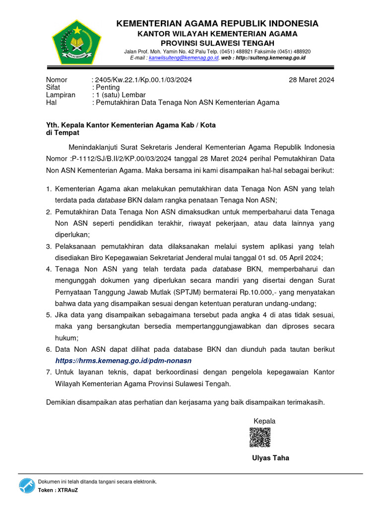 Surat Pemutakhiran Data Tenaga Non ASN | PDF