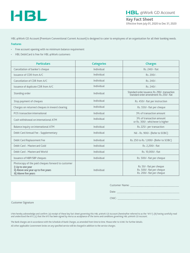 Key Fact Sheet (HBL AtWork GD Account) - July 2020 To Dec 2020 | PDF ...
