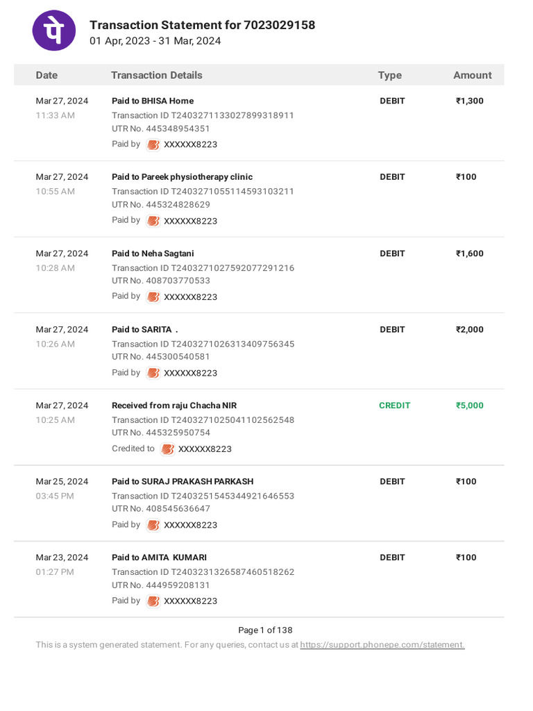 Transaction Statement: Apr 2023 - Mar 2024 | PDF | Debit Card | Debits ...