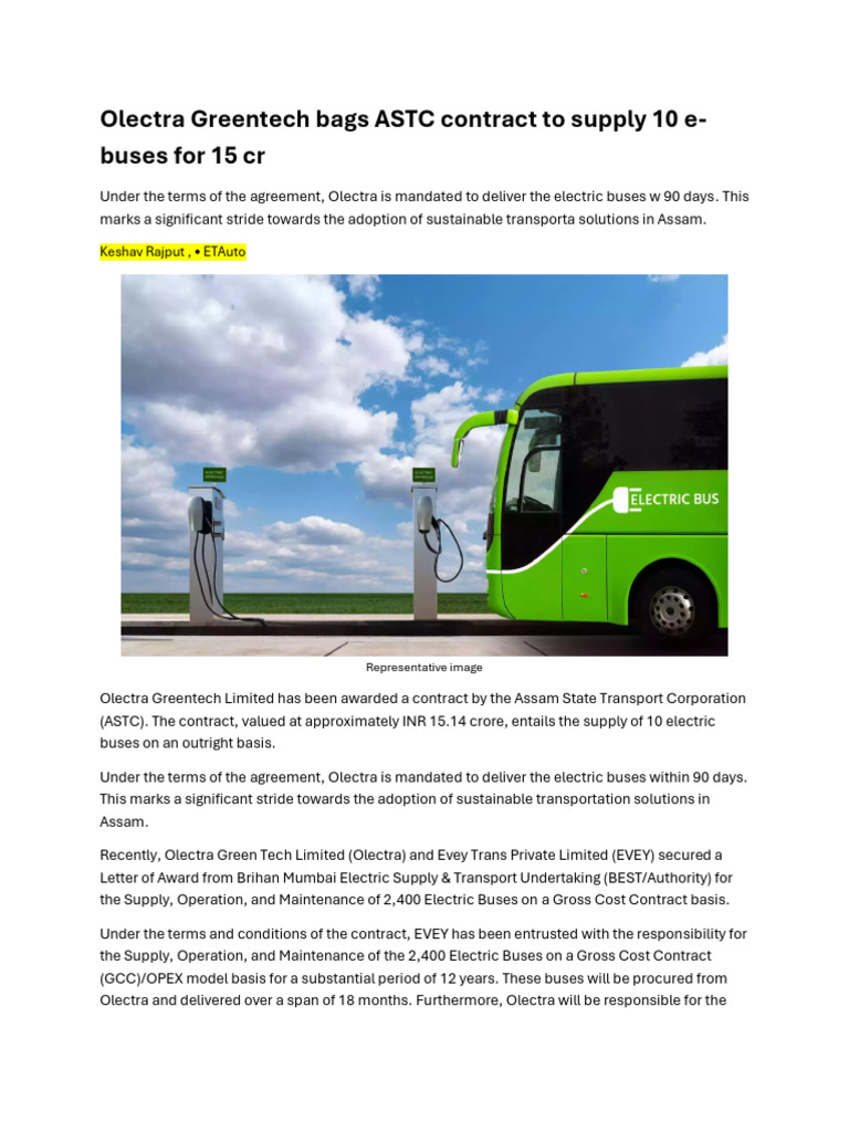 Olectra Greentech Bags ASTC Contract (ETAuto) | PDF