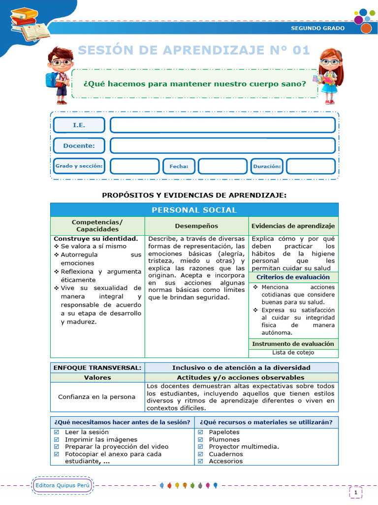 Sesiones de Aprendizaje - Semana 1 - UD II - Editora Quipus Perú | PDF | Evaluación | Aprendizaje