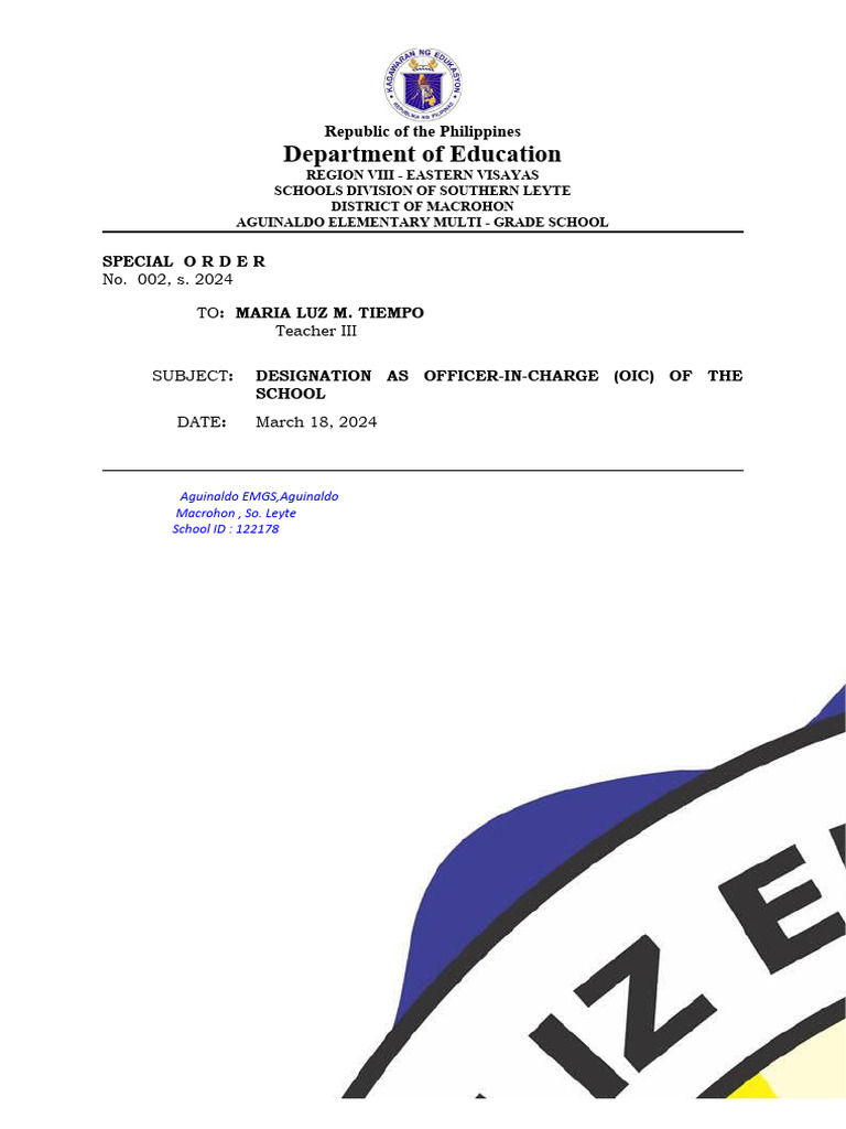 Designation Order for School OIC | PDF