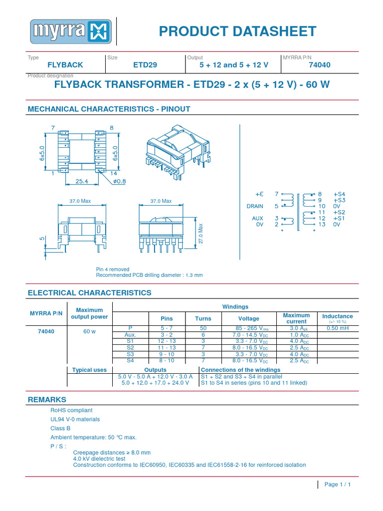 Product Datasheet: Flyback Transformer - Etd29 - 2 X (5 + 12 V) - 60 W ...